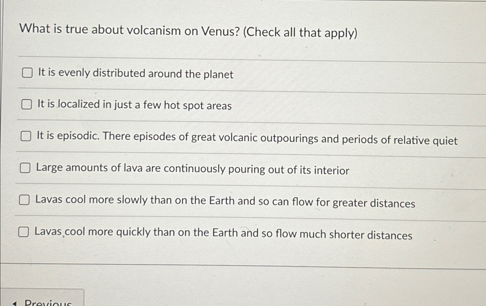 Solved What is true about volcanism on Venus? (Check all | Chegg.com