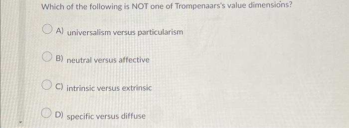 Solved Which of the following is NOT one of Trompenaars's | Chegg.com