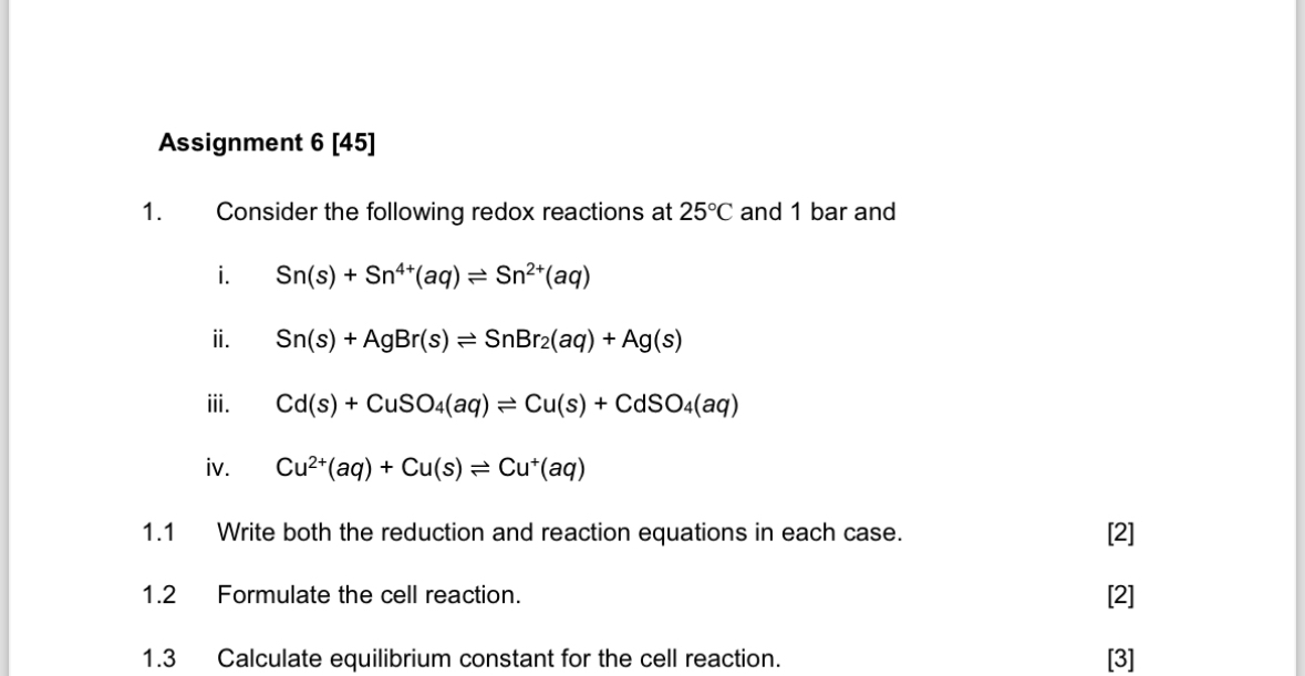 Solved Assignment 6[45]Consider the following redox | Chegg.com