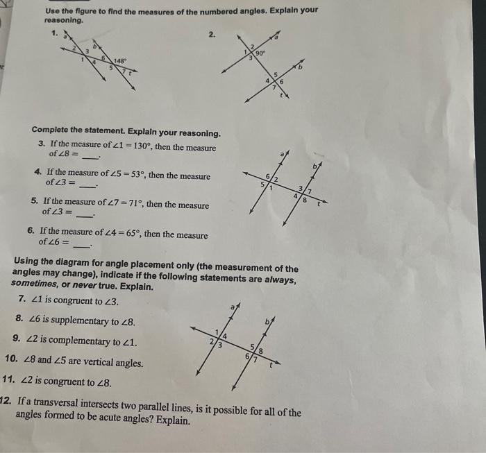 Solved Use the figure to find the measures of the numbered | Chegg.com