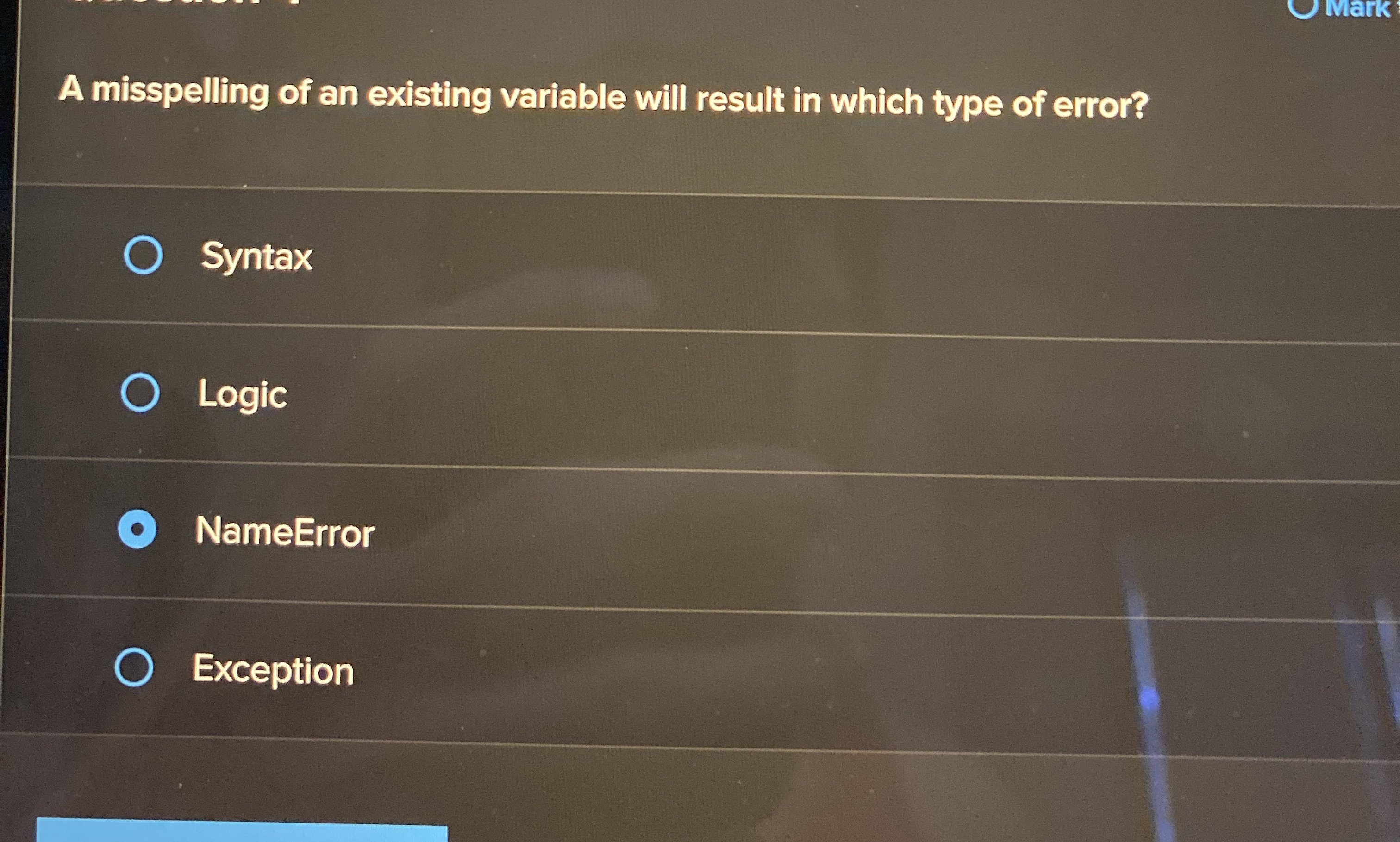 Solved warkA misspelling of an existing variable will result | Chegg.com