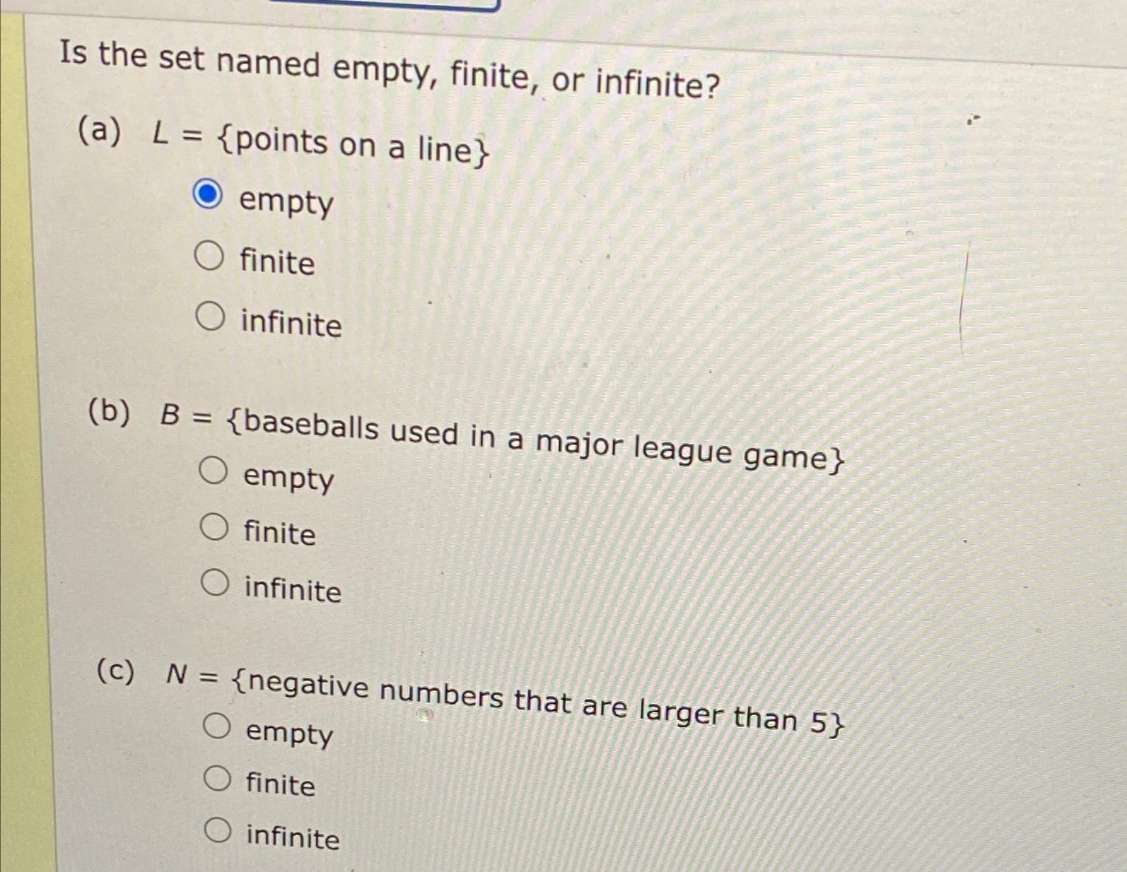 Solved Is the set named empty, finite, or | Chegg.com
