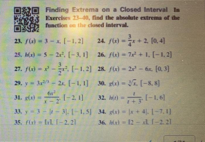 Solved Finding Extrema on a Closed Intervalla Exereises | Chegg.com