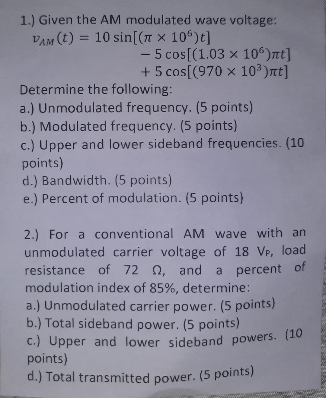 Solved 1.) Given the AM modulated wave voltage: | Chegg.com