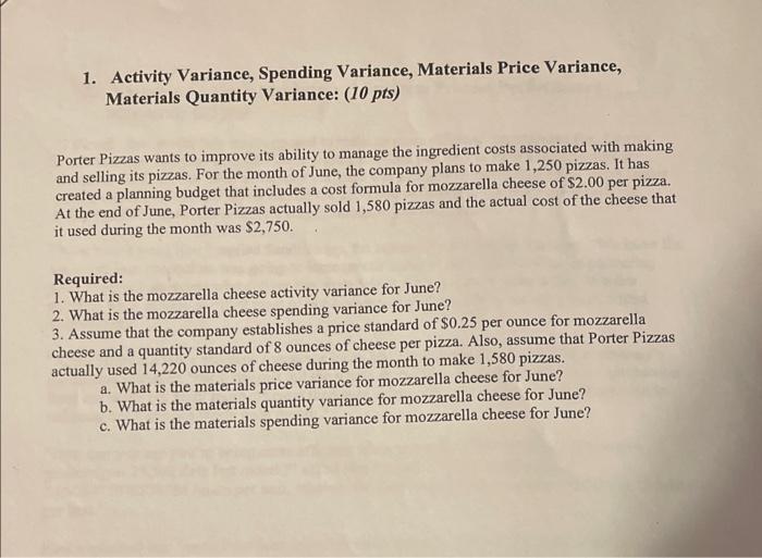 Solved 1. Activity Variance, Spending Variance, Materials | Chegg.com
