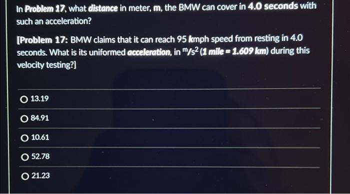 Solved BMW claims that it can reach 95kmph speed from | Chegg.com