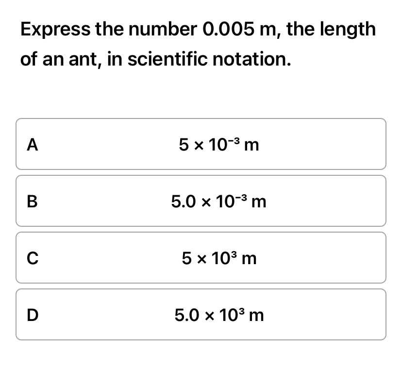 Solved Express the number 0.005m, ﻿the length of an ant, in | Chegg.com