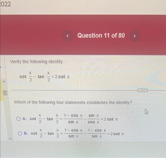 Solved Verify the following identity. cot2x−tan2x=2cotx | Chegg.com
