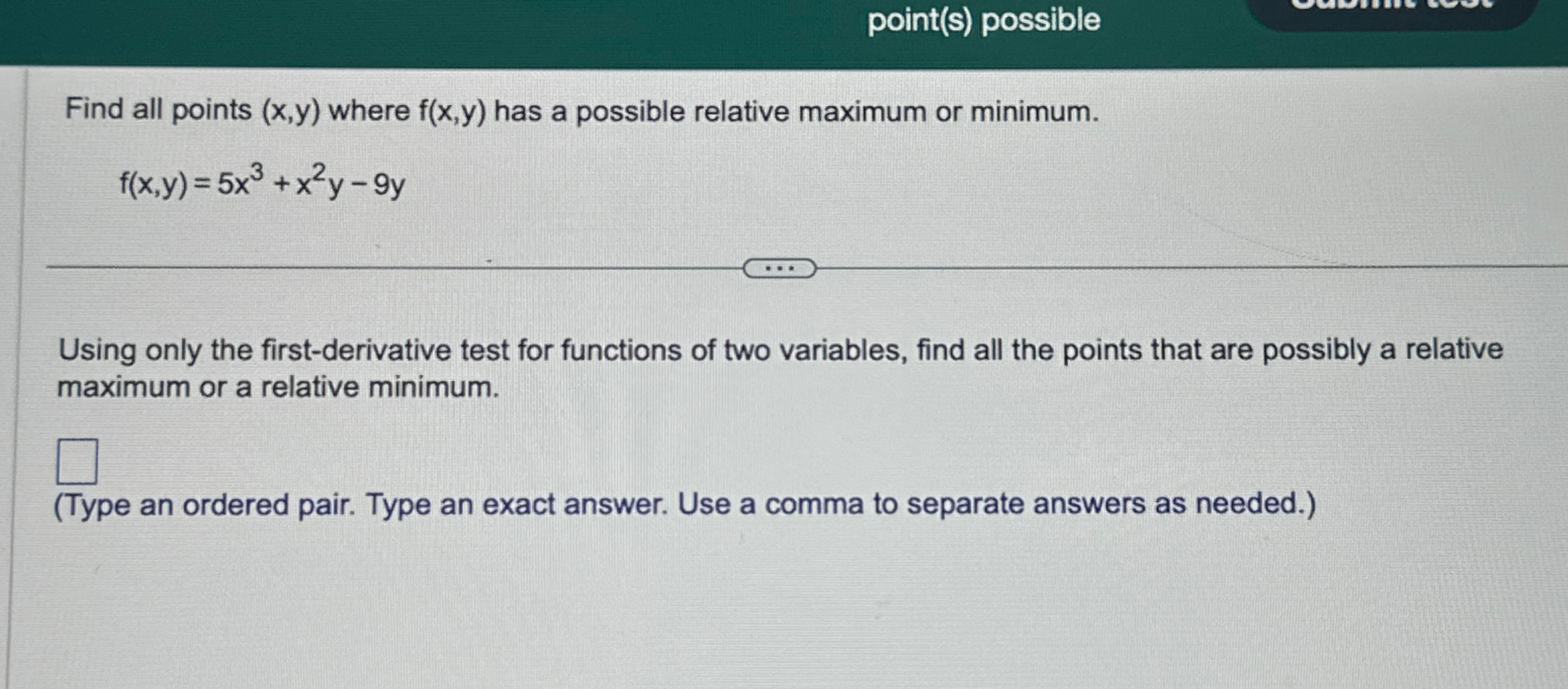Solved Find all points (x,y) ﻿where f(x,y) ﻿has a possible | Chegg.com