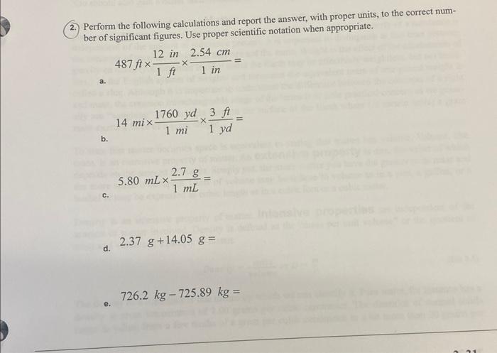 Solved 2. Perform the following calculations and report the | Chegg.com
