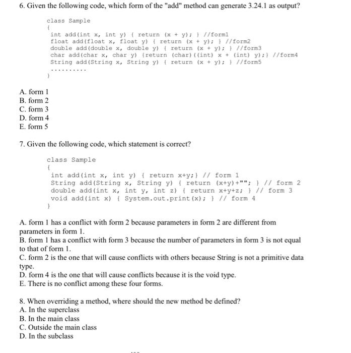 Solved class Sample 1 int add (int x, int y ) ( return | Chegg.com
