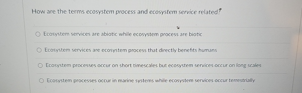 Solved How are the terms ecosystem process and ecosystem | Chegg.com