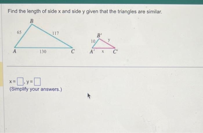 Solved Find the length of side x and side y given that the | Chegg.com