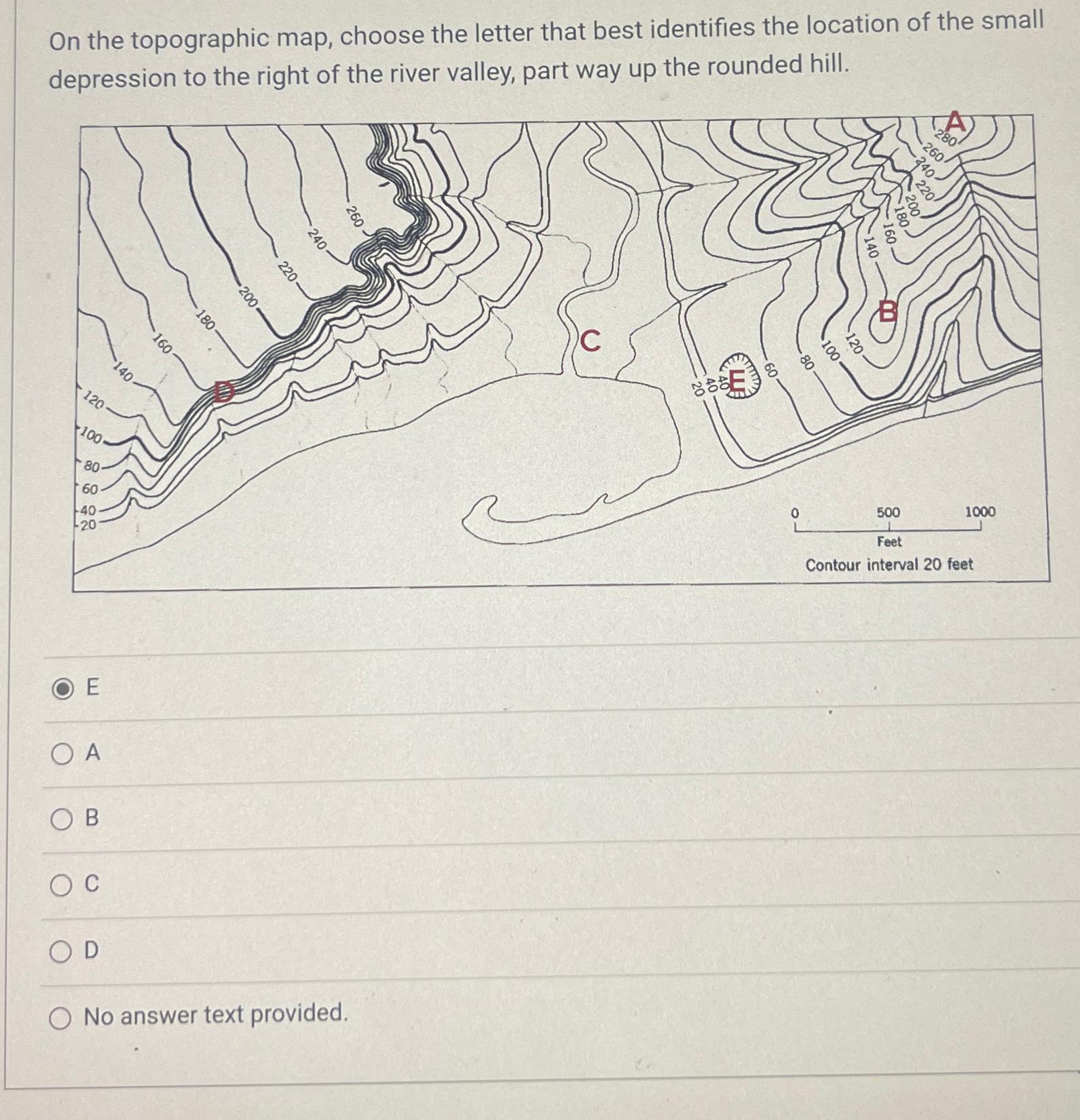 Solved On the topographic map, choose the letter that best | Chegg.com
