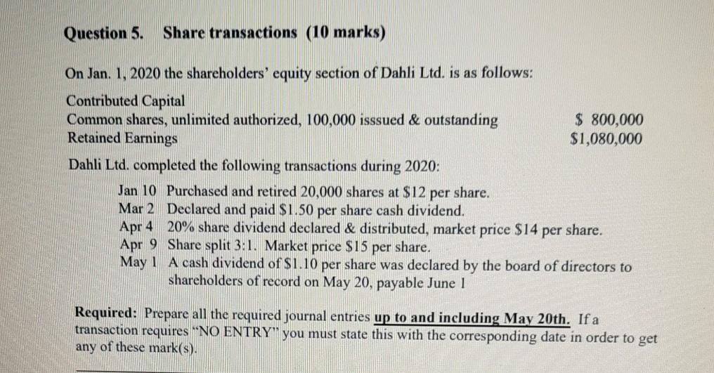 Solved Question 5. Share transactions (10 marks) On Jan. 1, | Chegg.com