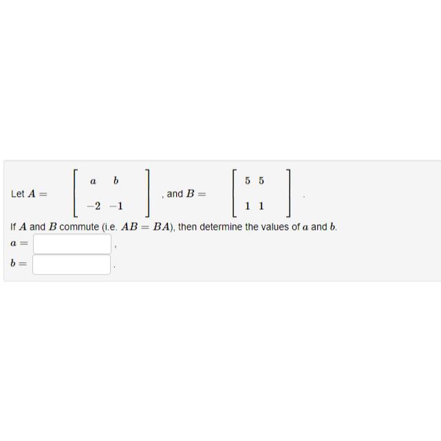 Solved Let A=[ab-2-1], ﻿and B=[5511]If A and B ﻿commute | Chegg.com