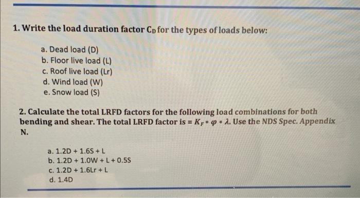 Solved 1. Write the load duration factor Cp for the types of | Chegg.com