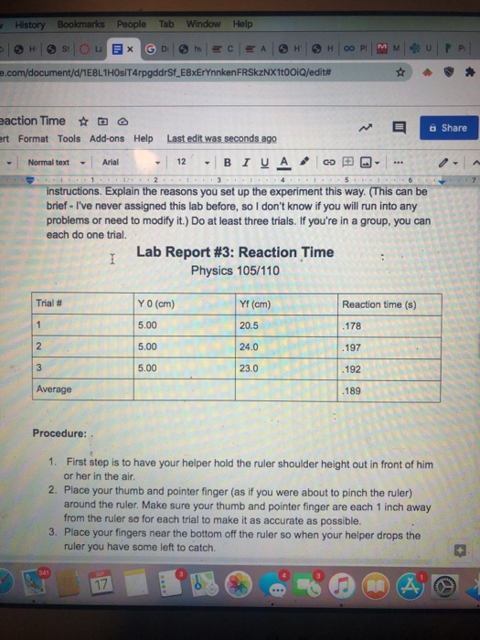 this lab is measuring my reaction time to catch a | Chegg.com