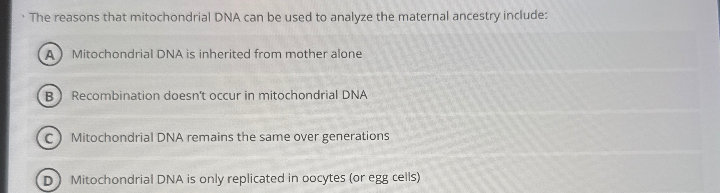 Solved The reasons that mitochondrial DNA can be used to | Chegg.com