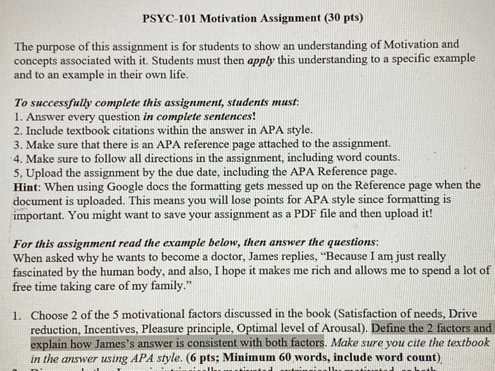 Solved PSYC-101 Motivation Assignment (30 pts) The purpose | Chegg.com