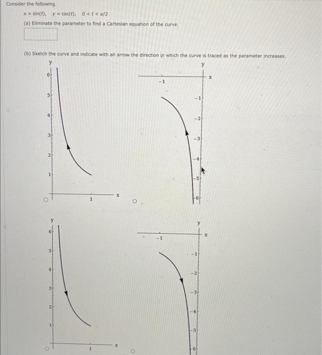 Solved onsider the following. x=sin(t),y=csc(t),0 | Chegg.com