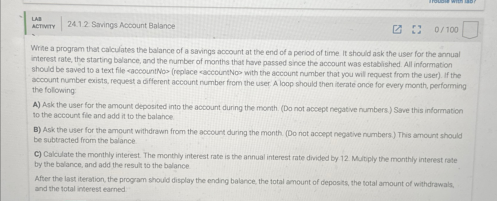 Solved LAB ACTIVITY24.1.2: Savings Account BalanceWrite a | Chegg.com