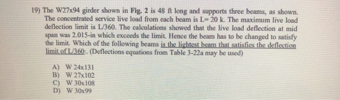 19) The W27x94 girder shown in Fig. 2 is 48 ft long | Chegg.com