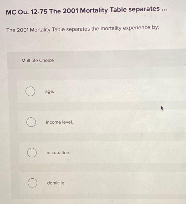 Solved MC Qu. 12-75 The 2001 Mortality Table separates ... | Chegg.com