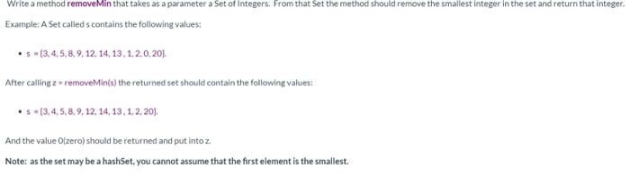 Solved Write a method removeMin that takes as a parameter a | Chegg.com