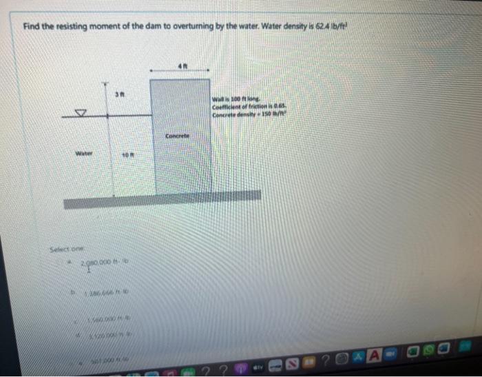 Solved Find the resisting moment of the dam to overtuming by | Chegg.com