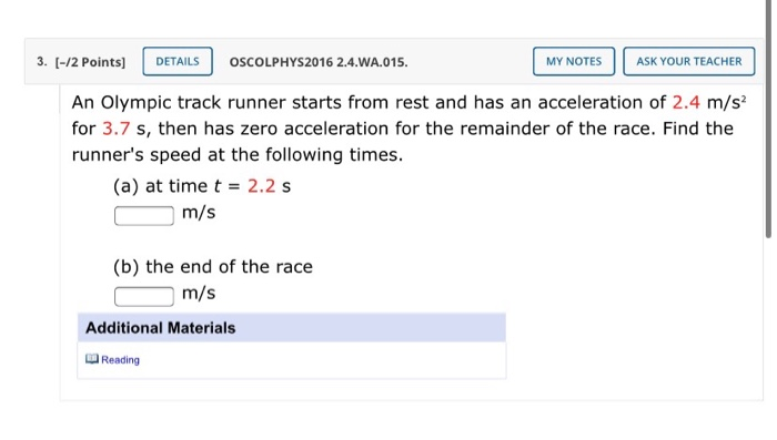 Solved 3. (-/2 points) DETAILS OSCOLPHYS2016 2.4.WA.015. MY | Chegg.com Solved 3. (-/2 points) DETAILS OSCOLPHYS2016 2.4.WA.015. MY | Chegg.com