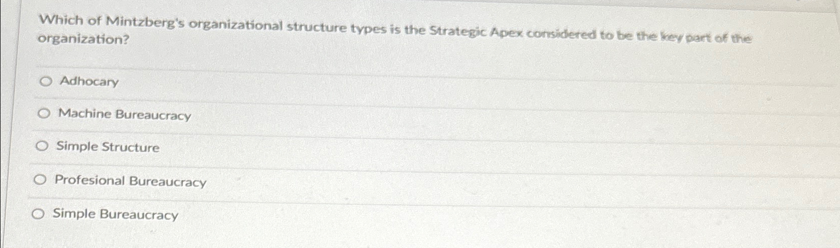 Solved Which of Mintzberg's organizational structure types | Chegg.com