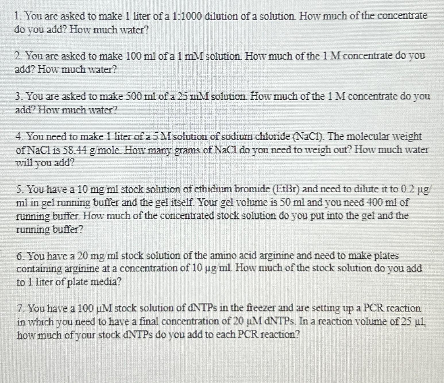 Solved You are asked to make 1 ﻿liter of a 1:1000 ﻿dilution | Chegg.com