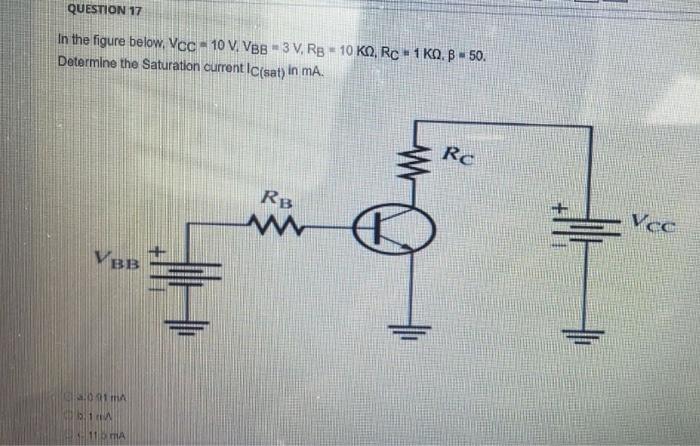Solved In the figure below, VCC=10 V,VBB=3 V,RB=10 KΩ,RC=1 | Chegg.com