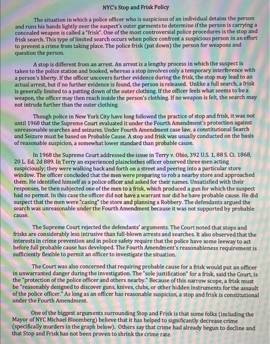 NYC's Stop and Frisk Policy The situation in which a | Chegg.com