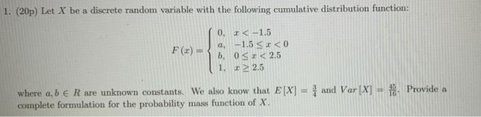 Solved 1. (20p) Let X be a discrete random variable with the | Chegg.com