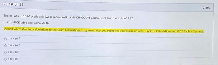 Solved Question 26 The pH of a 0.10 M acetic acid (weak | Chegg.com