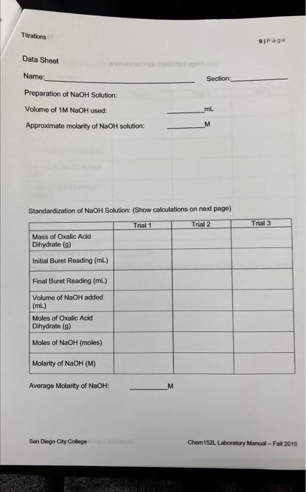Solved Data Sheet Name: Section: Preparation of NaOH | Chegg.com