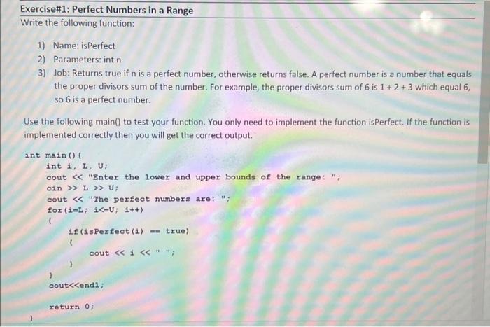 Solved 1) Name: isPerfect 2) Parameters: int n 3) Job: | Chegg.com
