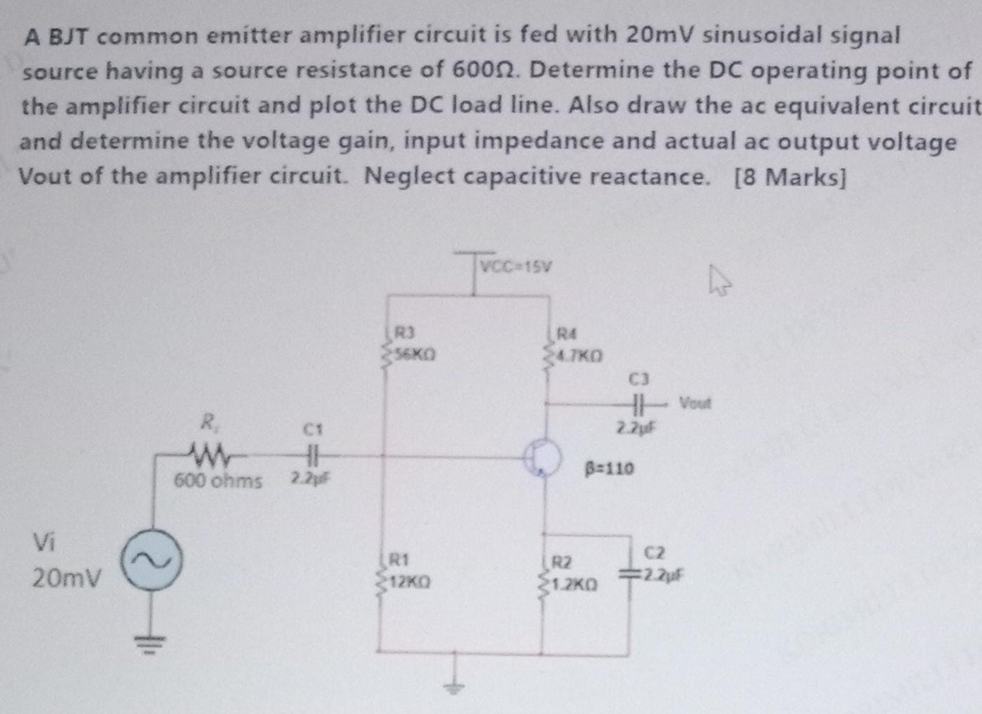 Solved A BJT common emitter amplifier circuit is fed with | Chegg.com