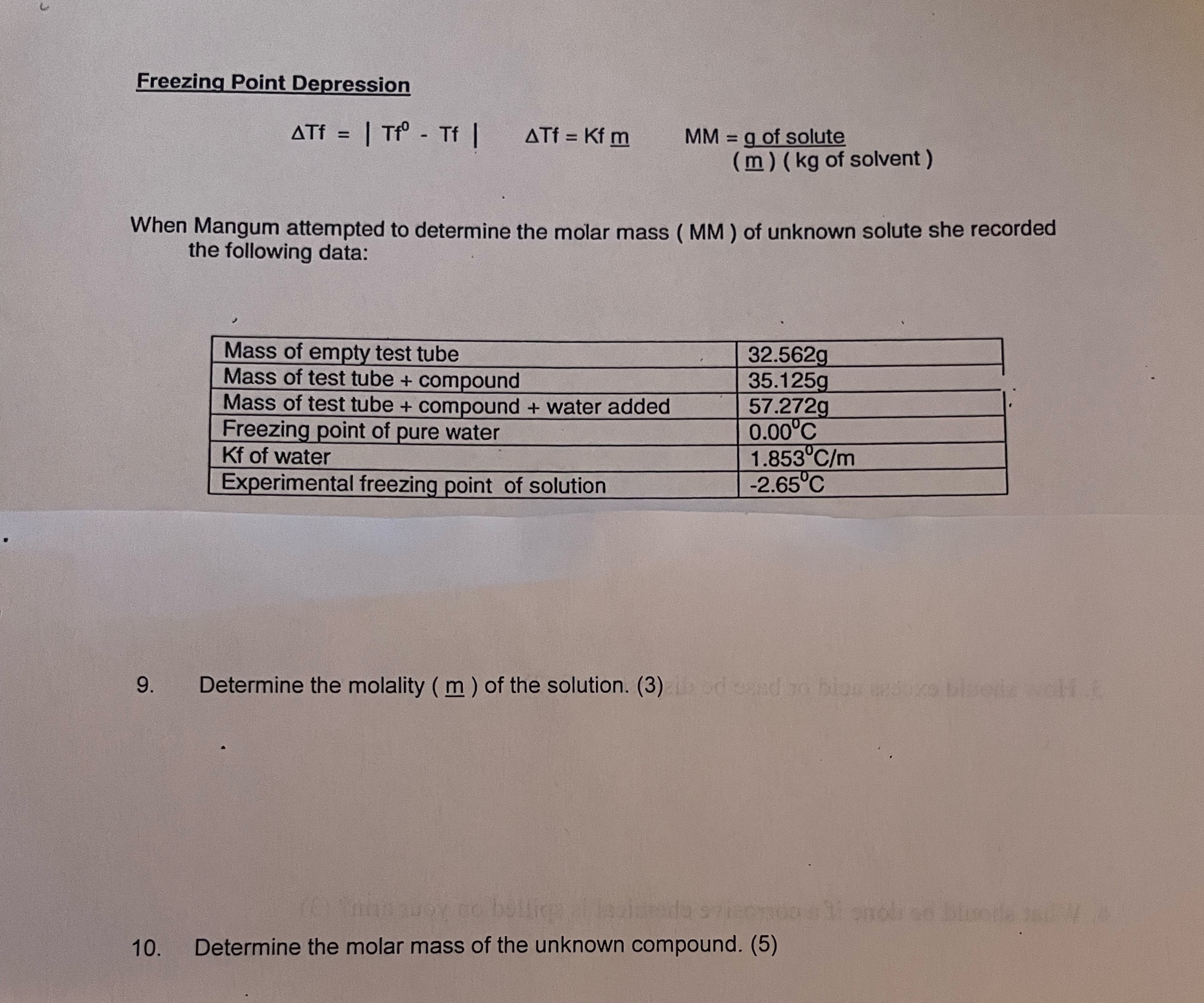 Solved 9. ﻿Determine the molality (m) ﻿of the solution. | Chegg.com