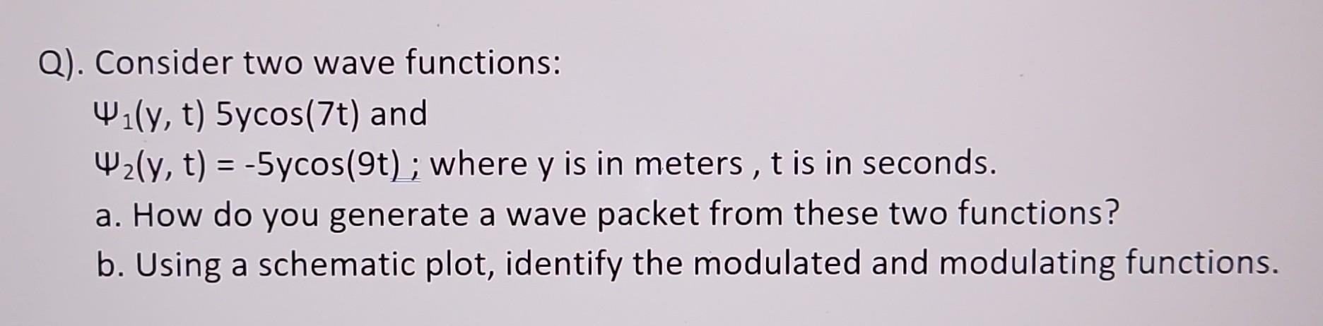 Solved Q). Consider two wave functions: Ψ1(y,t)5ycos(7t) and | Chegg.com