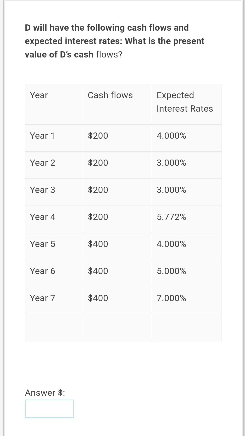 Solved D will have the following cash flows and expected | Chegg.com