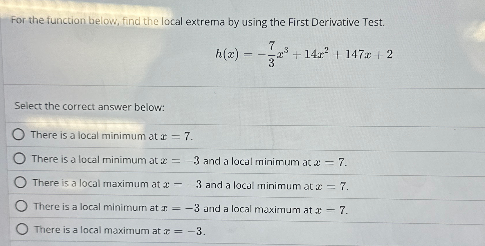 Solved For the function below, find the local extrema by | Chegg.com