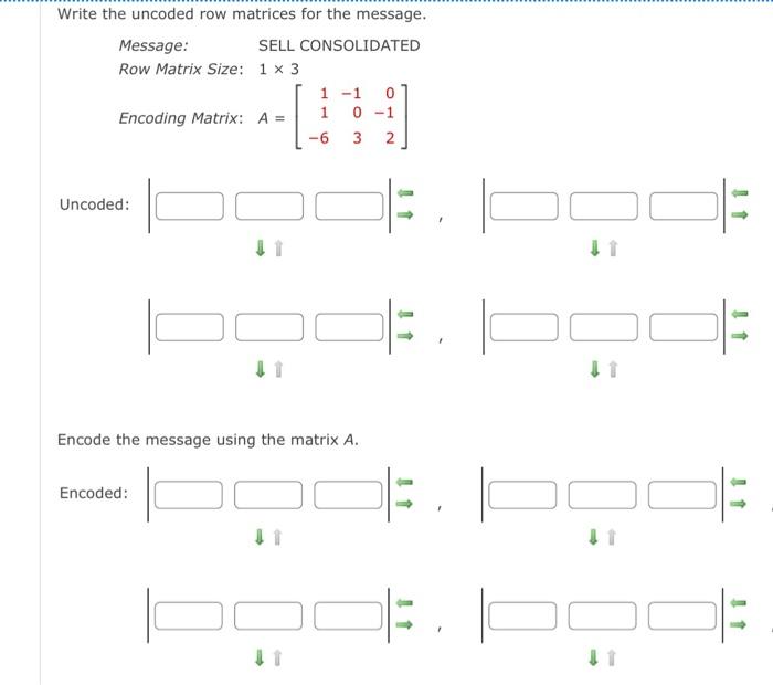 Solved Encoding Matrix: A=⎣⎡11−6−1030−12⎦⎤ Uncoded: | ∣ \॥ | Chegg.com