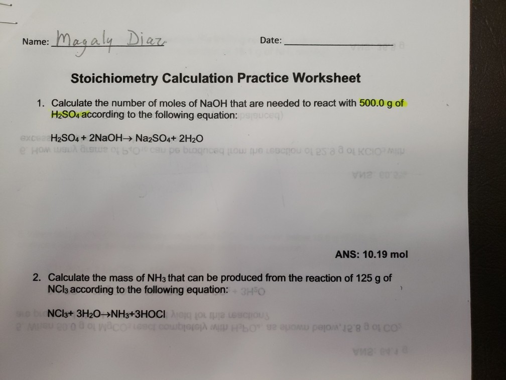 Solved Name: Magaly Diez Date: Stoichiometry Calculation | Chegg.com