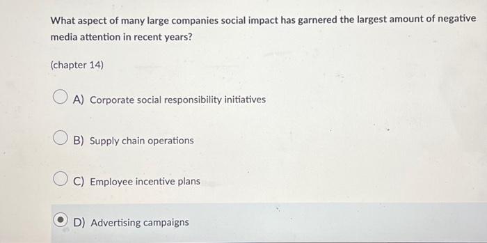 Solved What aspect of many large companies social impact has | Chegg.com