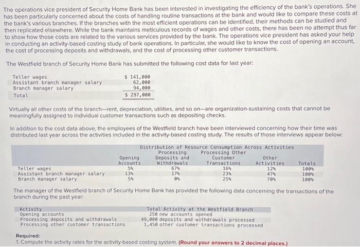 Solved The operations vice president of Security Home Bank | Chegg.com