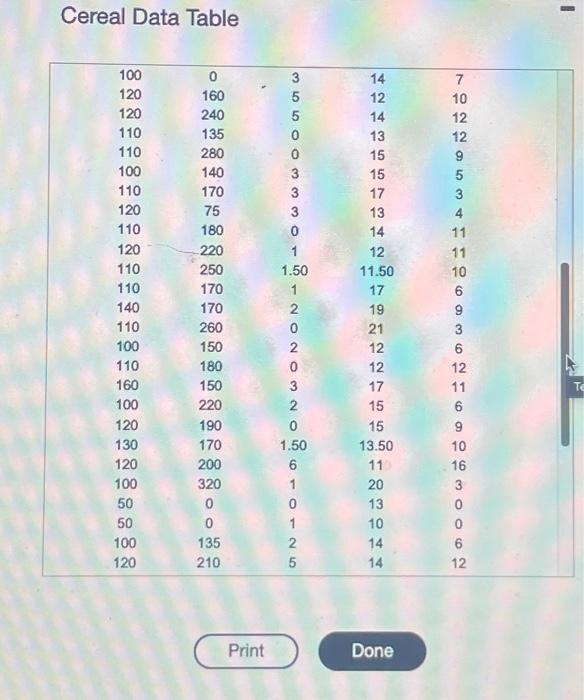 Solved The provide a of information about 67 cereals in a | Chegg.com