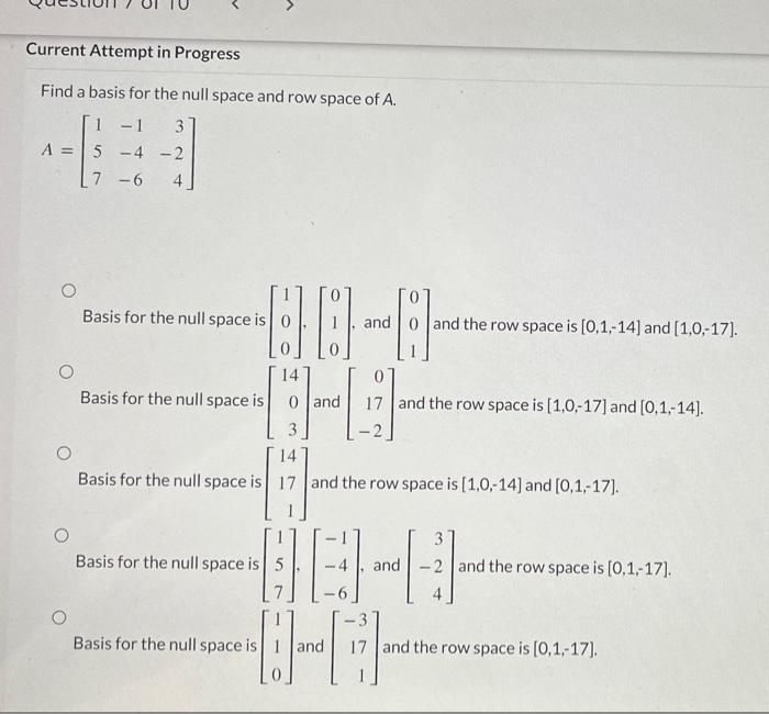 Solved Current Attempt in Progress Find a basis for the null | Chegg.com